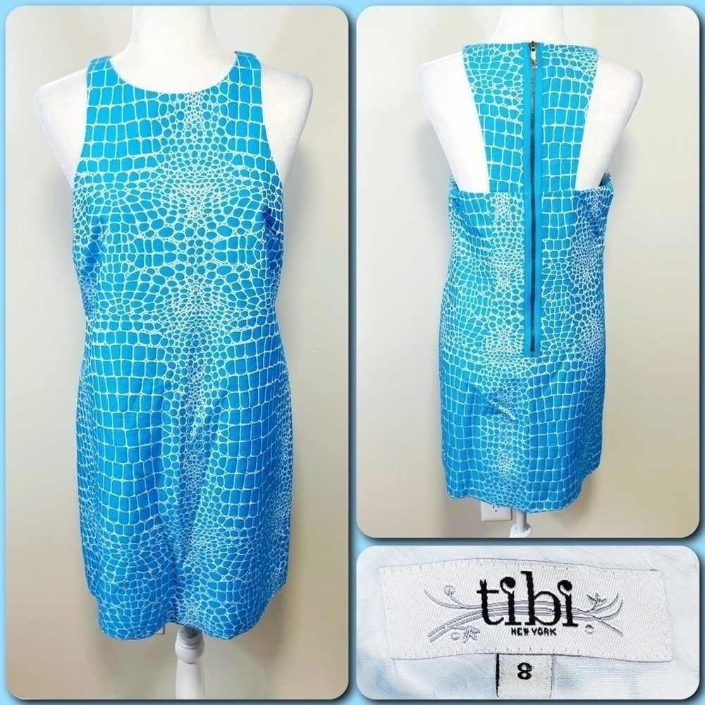 Tibi Blue & White Crocodile Print Sleeveless Racerbac… - Gem